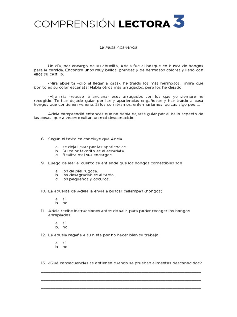 Comprensión Lectora Segundo Ciclo Ficha 3 | PDF