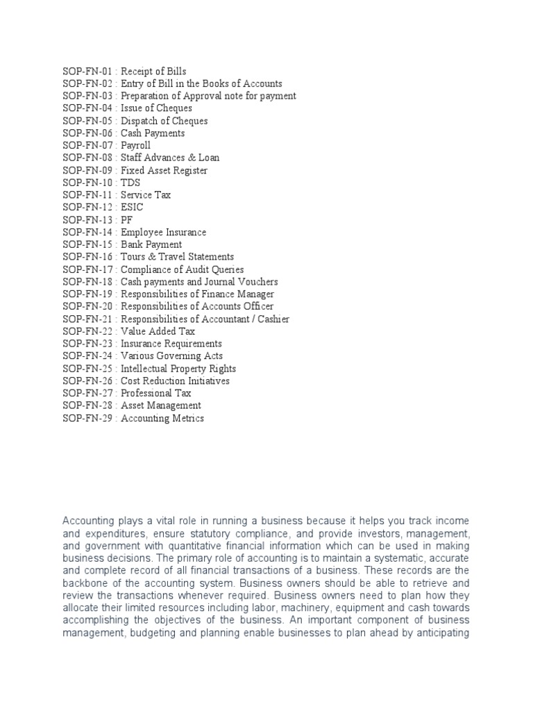 Standard Operating Procedures for Accounting Functions and Compliance ...