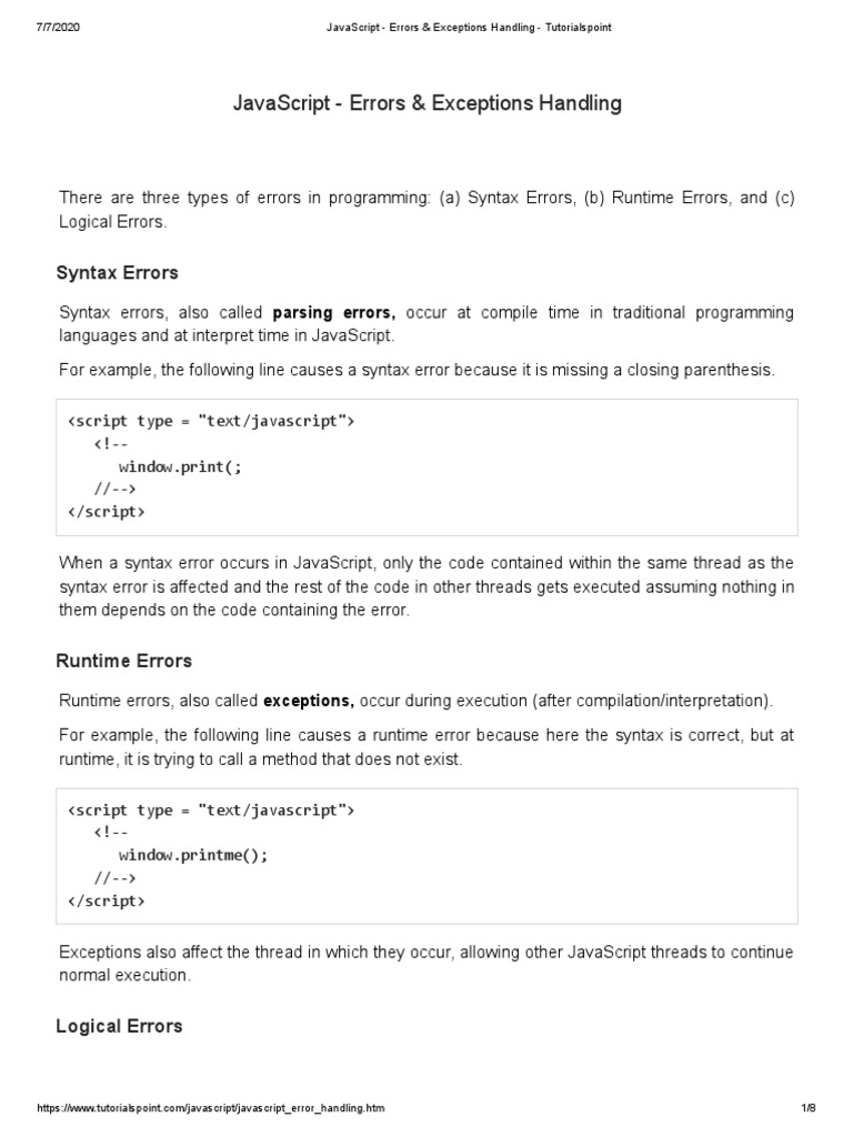 JavaScript - Errors & Exceptions Handling - Tutorialspoint | PDF | Java ...