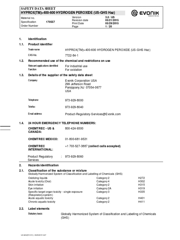 Evonik Hyprox H2o2 40-60 SDS | PDF | Hydrogen Peroxide | Water