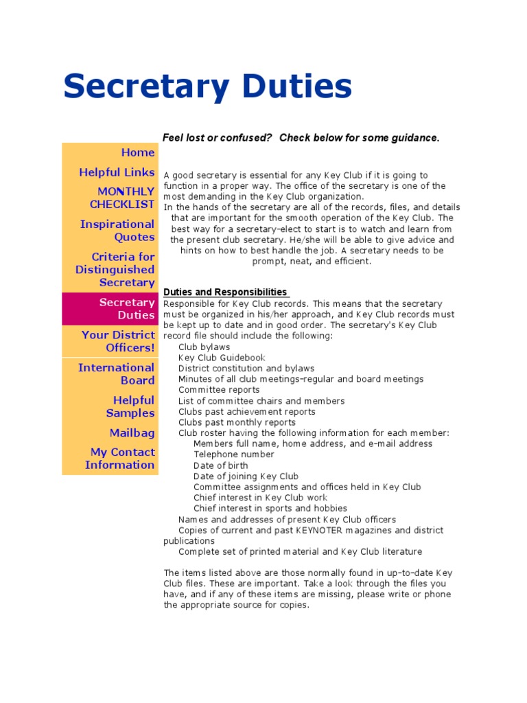 Secretary Duties: Home Helpful Links Monthly Checklist Inspirational ...