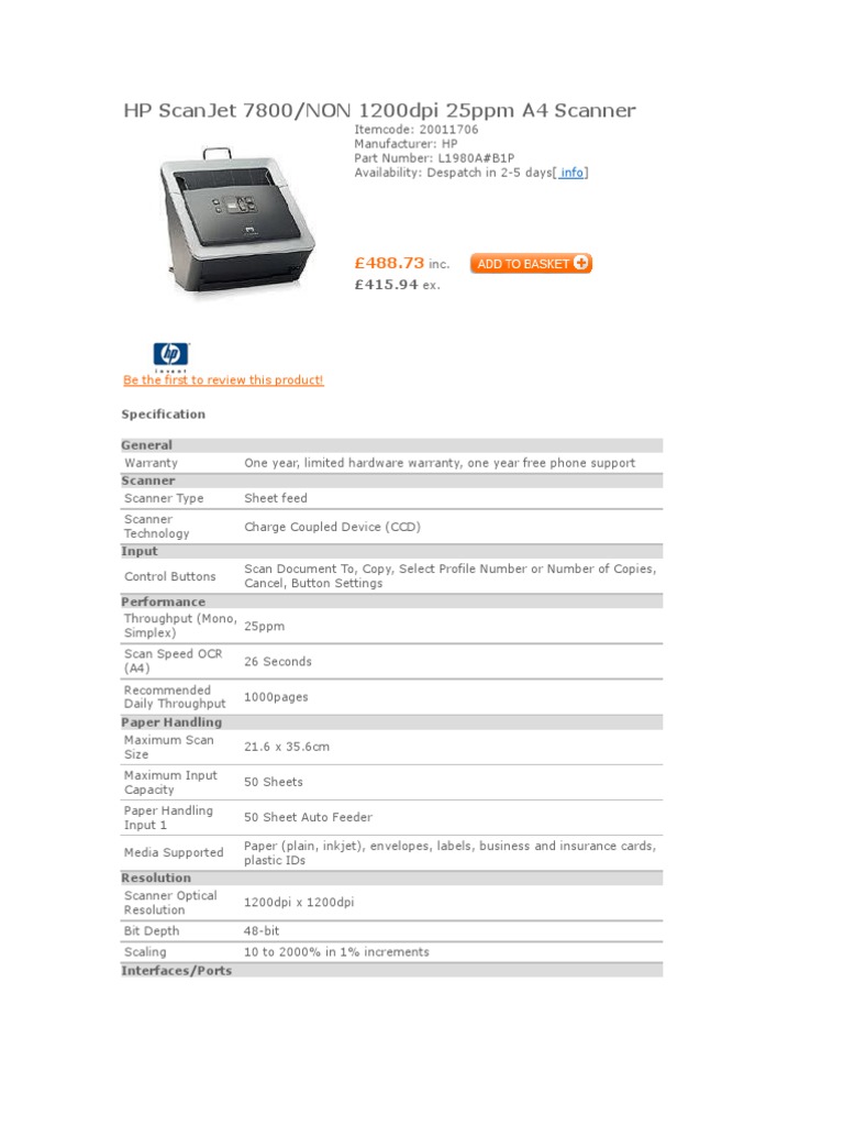HP ScanJet 7800 | PDF | Image Scanner | Computing