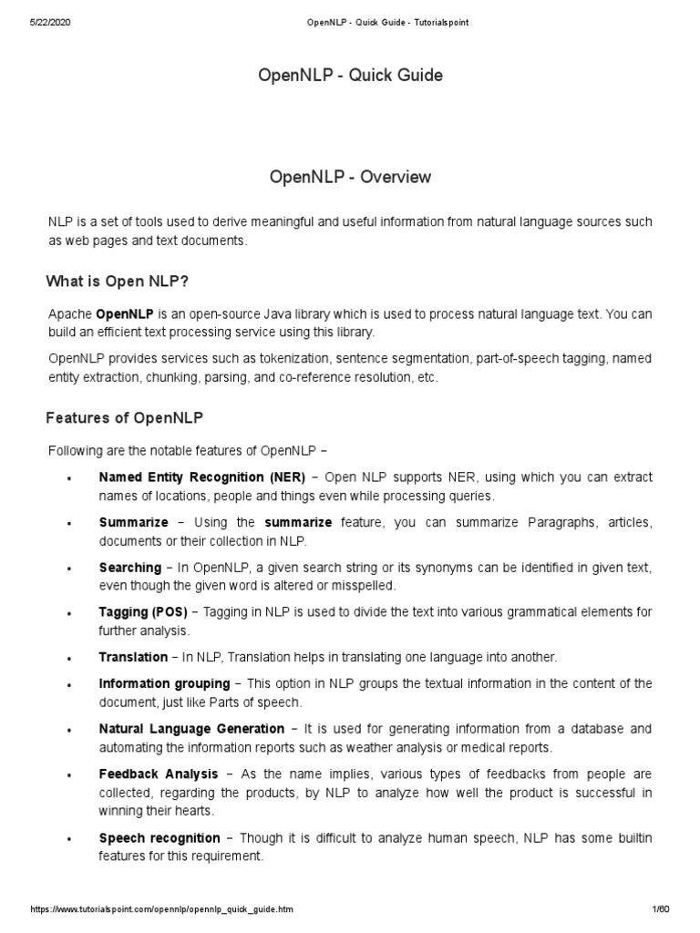 OpenNLP - Quick Guide PDF | PDF | Class (Computer Programming) | Method (Computer Programming)