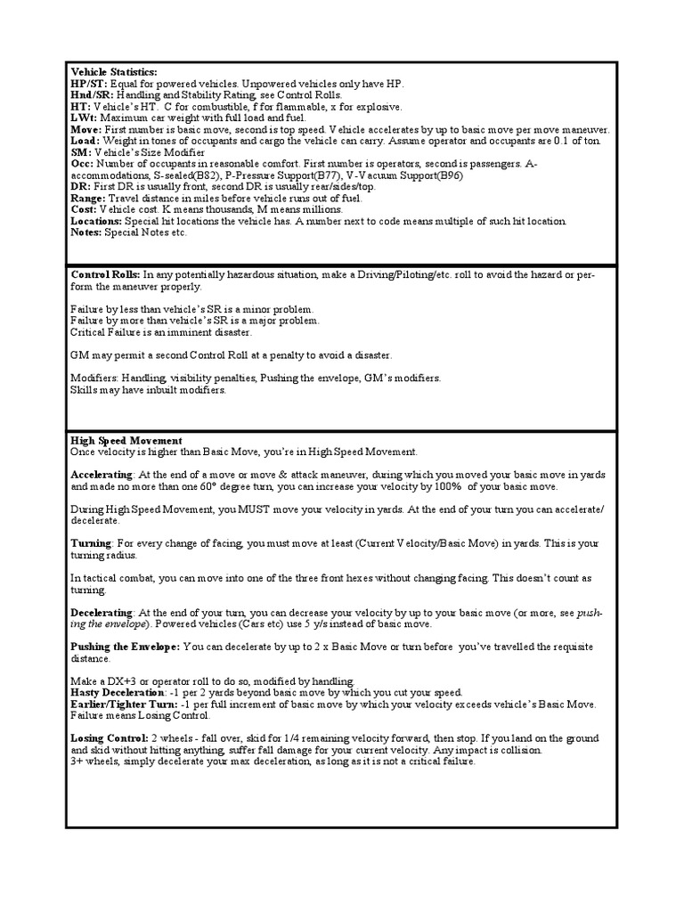 Vehicular Combat Sheet | PDF | Acceleration | Vehicles