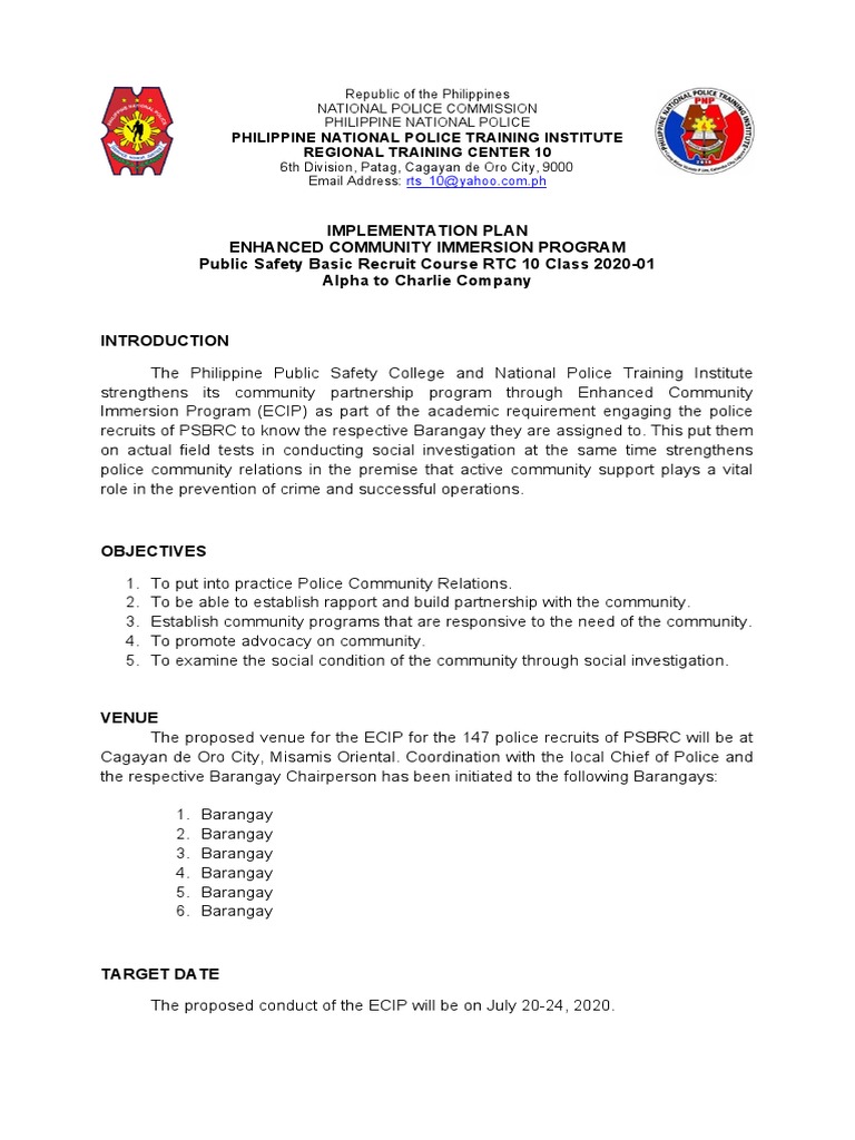 Implementation Plan Enhanced Community Immersion Program Public Safety ...