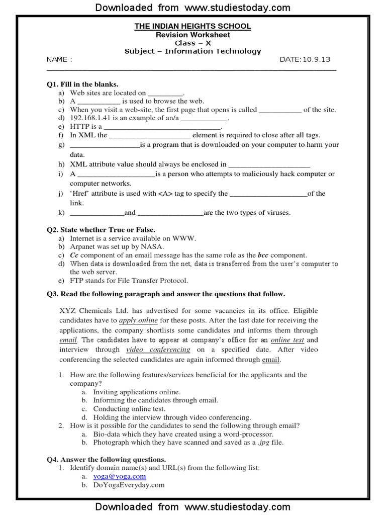 CBSE Class 10 Information Technology Worksheet (1) - 0 PDF | PDF | File ...