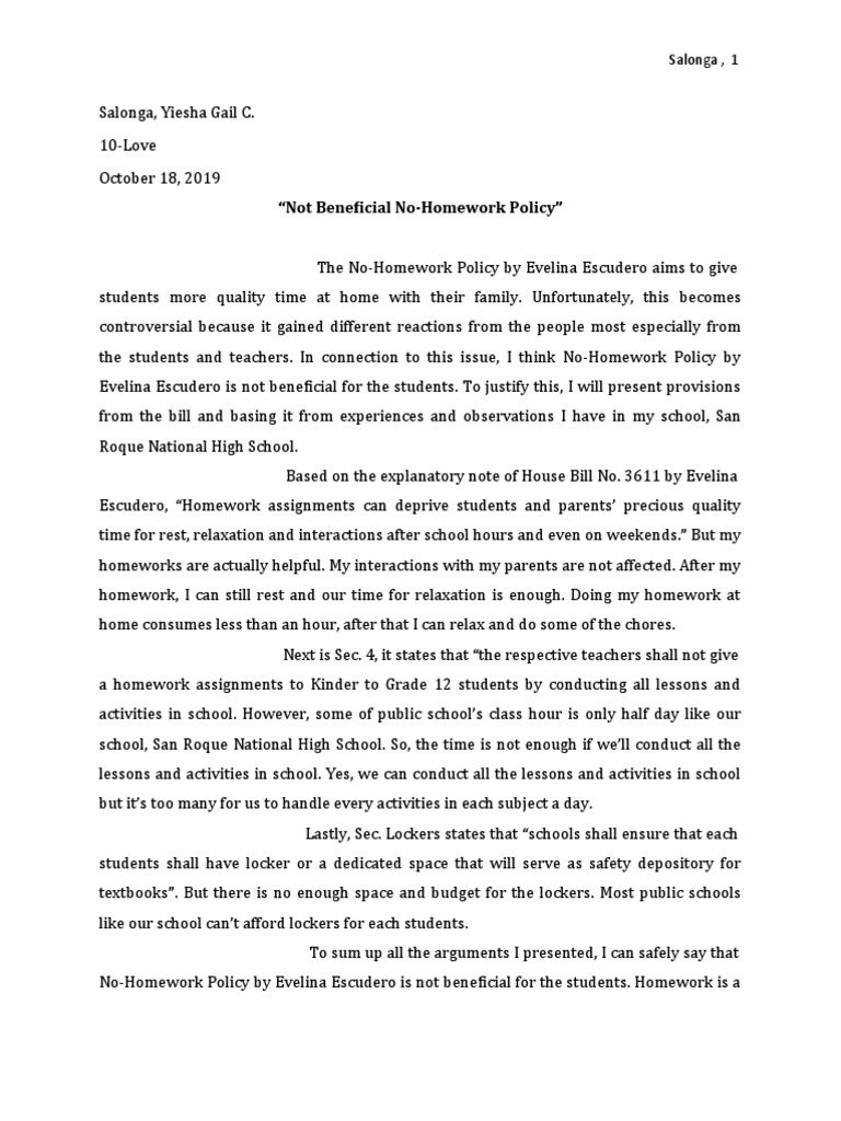 "Not Beneficial No-Homework Policy": Salonga, 1 | PDF | Homework ...