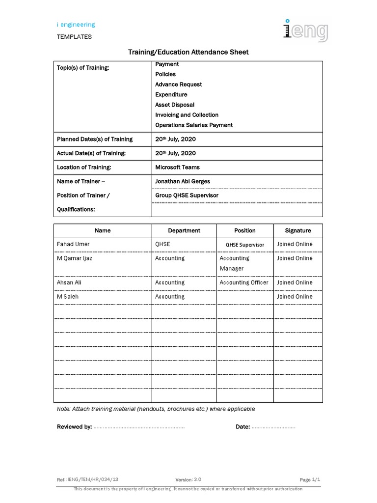 ATT. Sheet (IMS Implementation Accounting Session 1,2,3,4) Pakistan - July - W30, 2020 | PDF