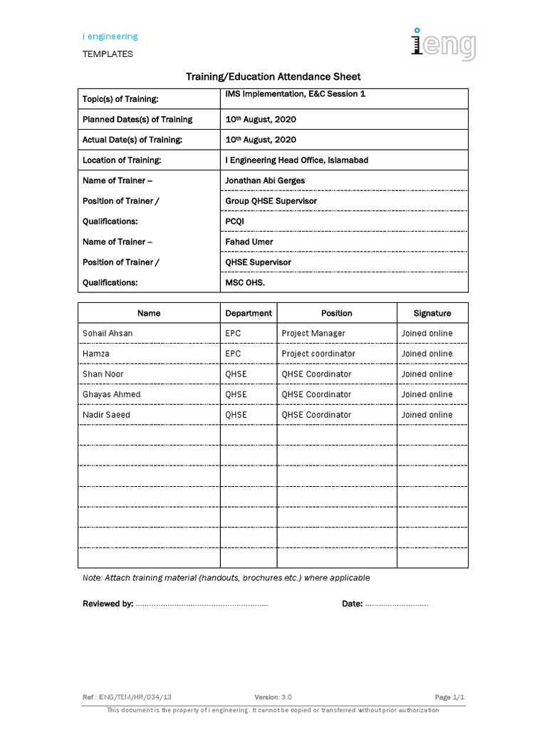 ATT. Sheet (IMS Implementation E&C Session 1) Pakistan - August - W33, 2020 | PDF