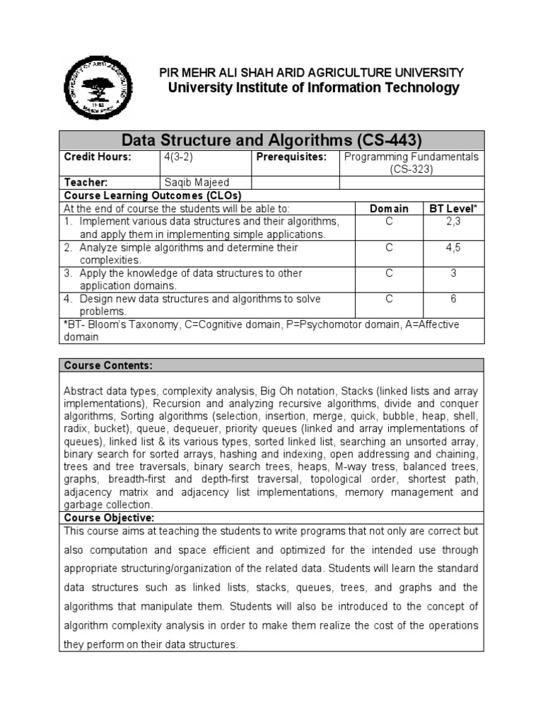 Data Structure and Algorithms (CS-443) : University Institute of Information Technology | PDF ...