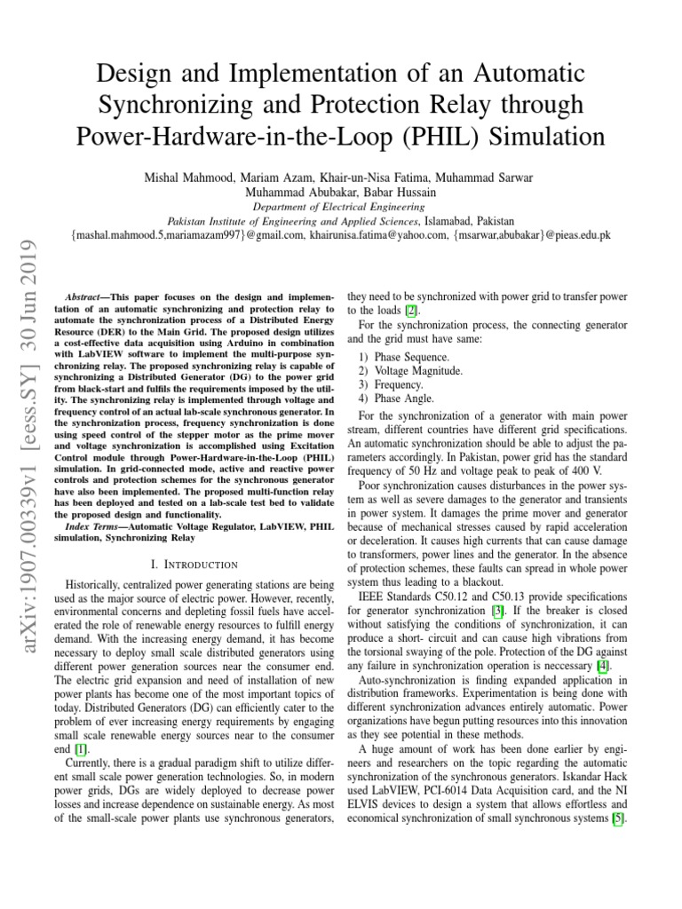 Design and Implementation of An Automatic Synchronizing and Protection Relay Through PHIL | PDF ...