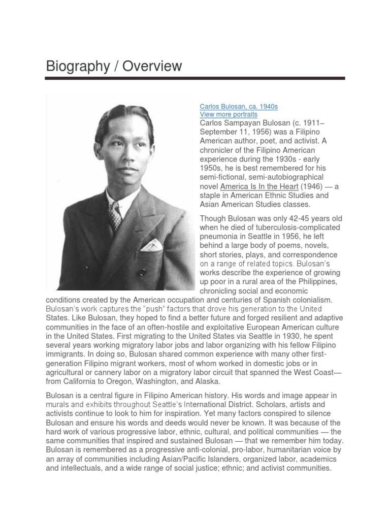 Biography-Carlos Bulosan PDF | PDF | Labour | Unrest