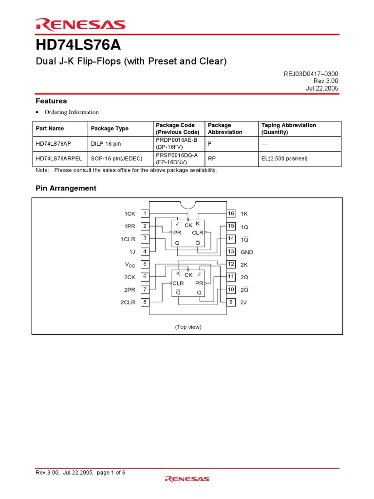 HD74LS76A: Dual J-K Flip-Flops (With Preset and Clear) | PDF ...