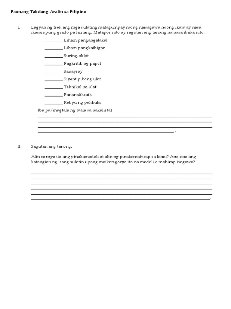 Paunang Takdang Aralin Sa Filipino 11 | PDF