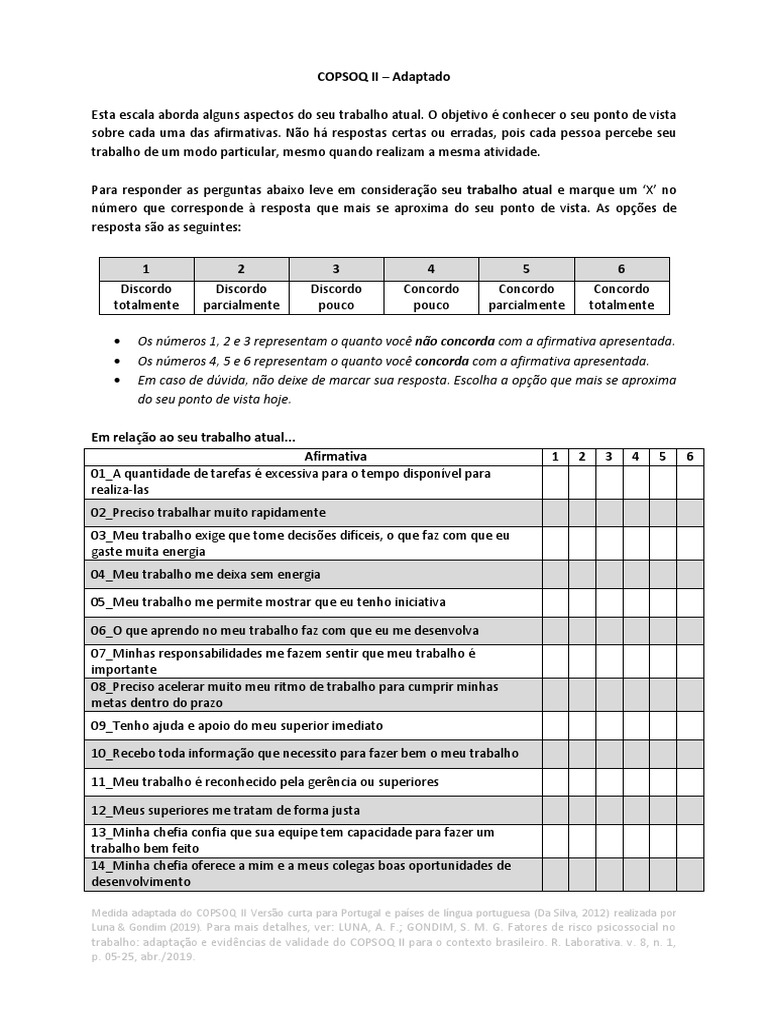 Artigo 01 - Instrumento COPSOQ II Adaptado PDF | PDF | Portugal | Tempo