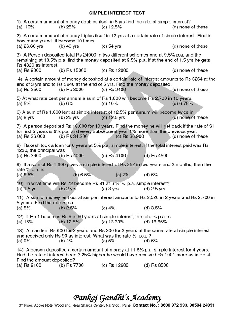 Pankaj Gandhi's Academy: Simple Interest Test | PDF | Compound Interest ...