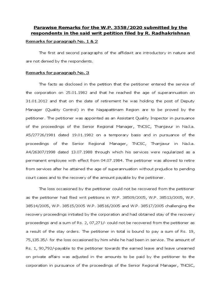 Parawise Remarks on W.P. 3558/2020 | PDF | Writ | Justice