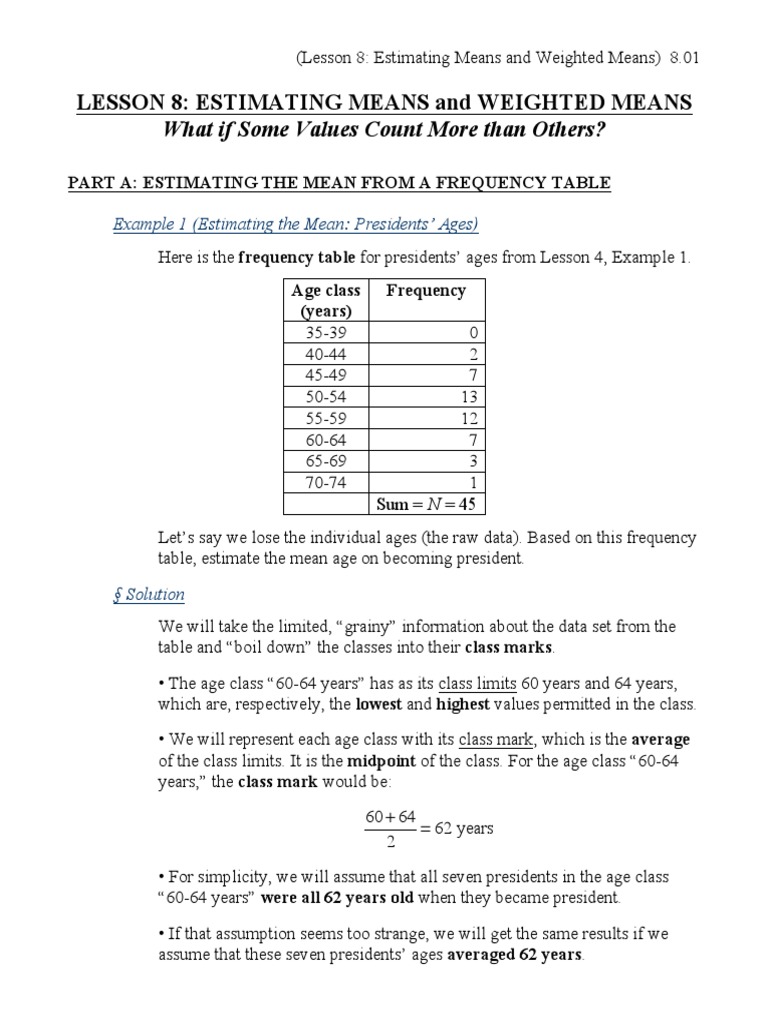What If Some Values Count More Than Others?: Lesson 8: Estimating Means ...