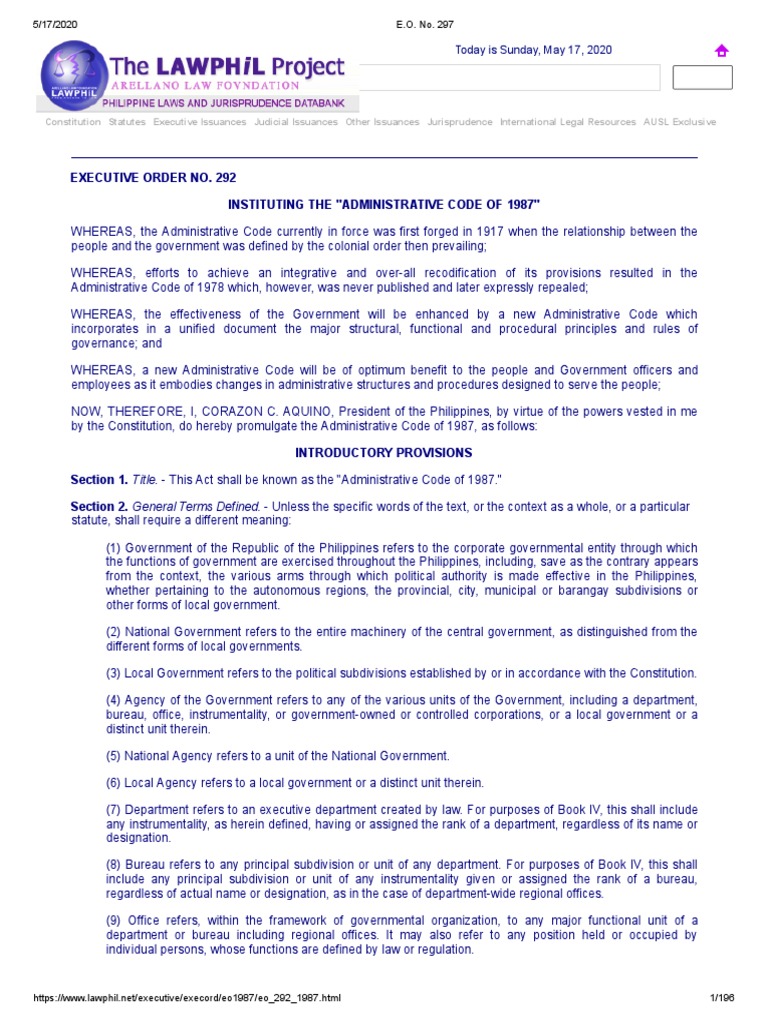 EO No. 292, S. 1987 Administrative Code of 1997 | PDF | Constitutional ...