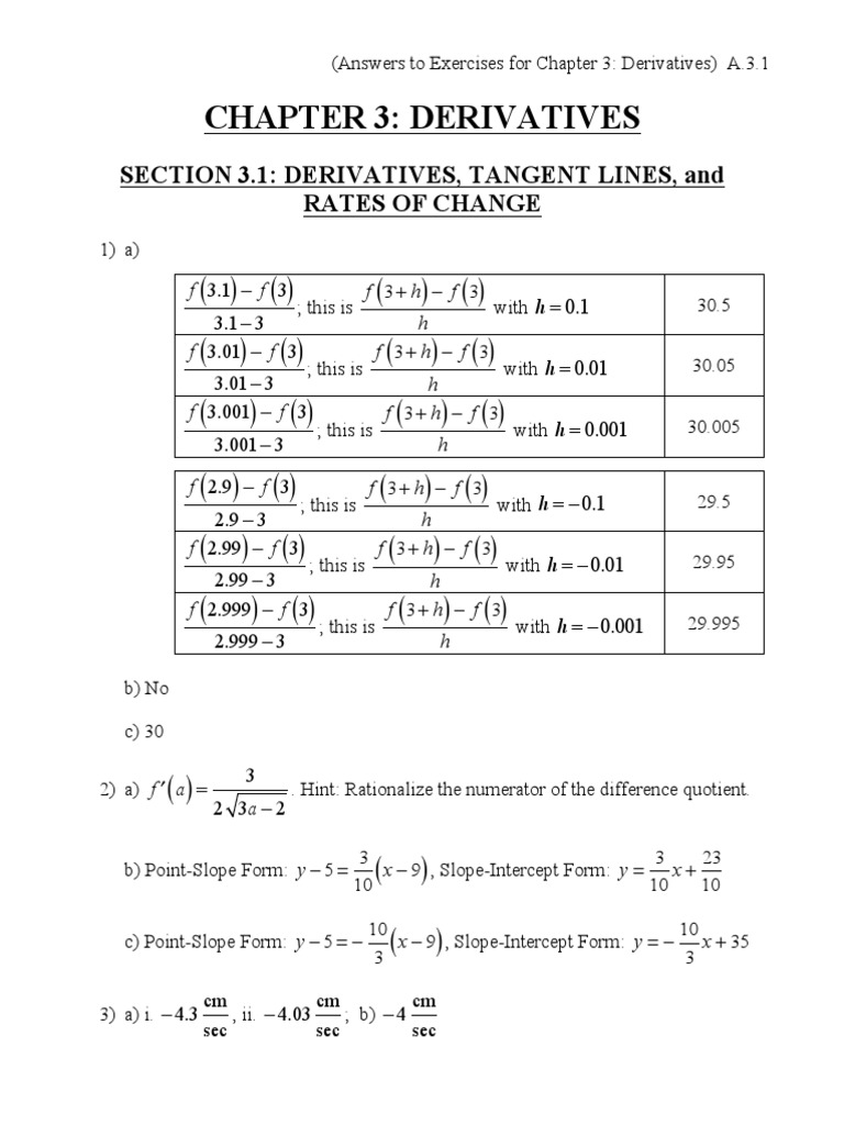 Answers To Exercises For Chapter 3 Derivatives | PDF | Slope | Derivative