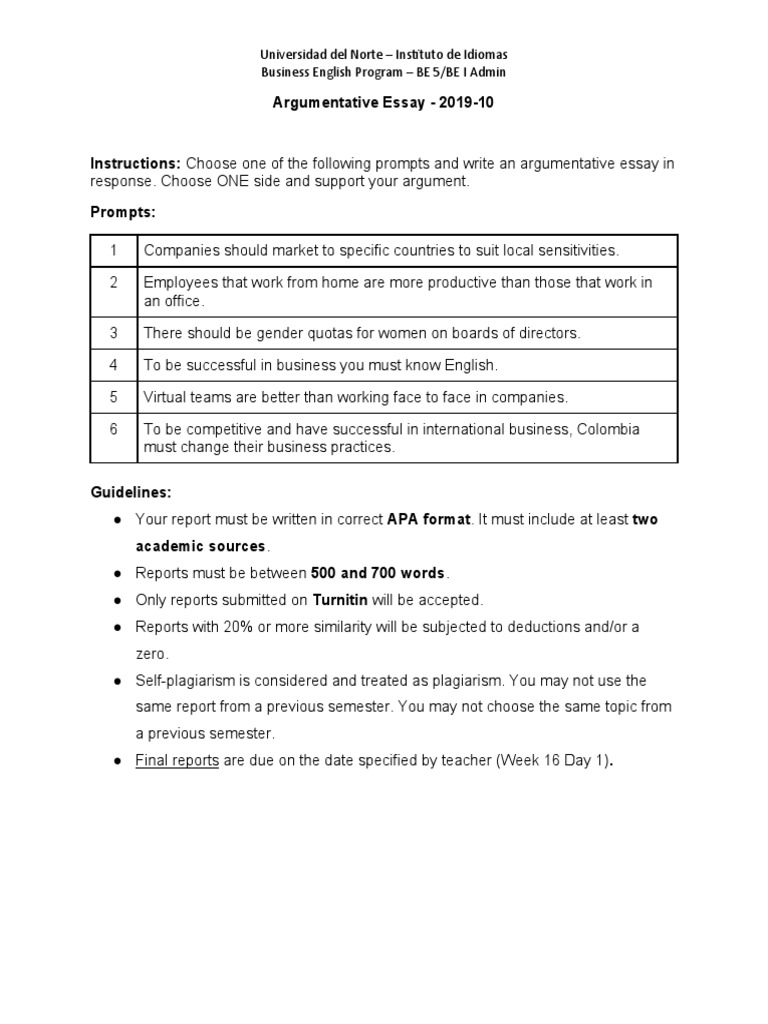 Argumentative Essay Instructions 2019-10 | PDF | Career & Growth | Business
