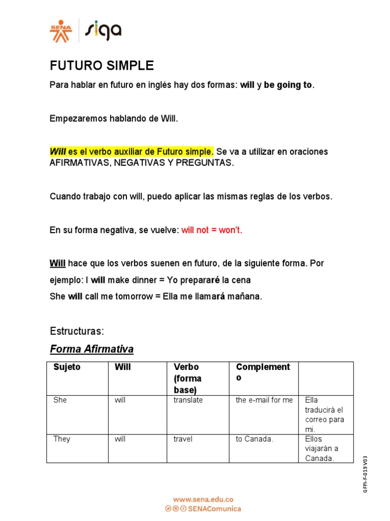 Futuro Simple: Will Es El Verbo Auxiliar de Futuro Simple. Se Va A ...