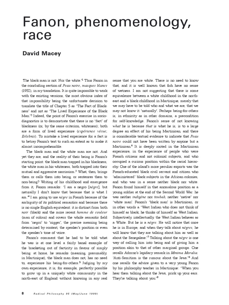 Fanon Phenomenology Race - Macey | PDF | Frantz Fanon | Jean Paul Sartre