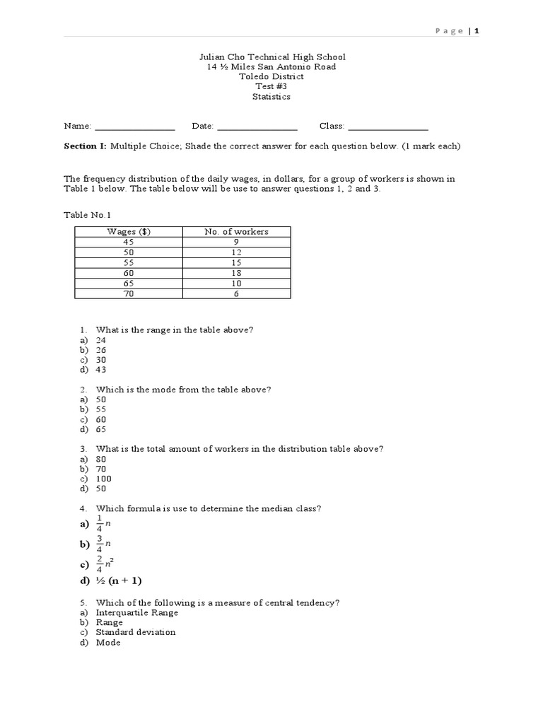 Statistics Test #3 for Form Three | PDF | Teaching Mathematics