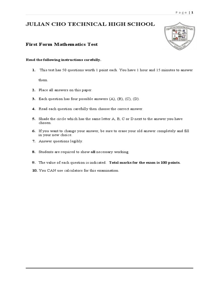 First Form Math Test | Download Free PDF | Sphere | Test (Assessment)