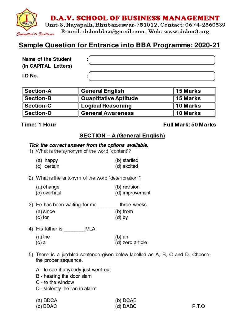 D.A.V. School of Business Management: Sample Question For Entrance Into ...