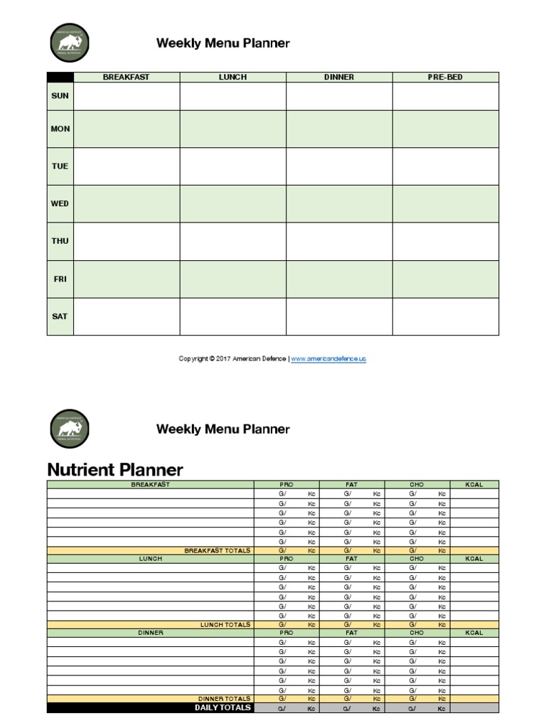 Weekly Menu Planner: Breakfast Lunch Dinner Pre-Bed SUN | PDF | Eating ...