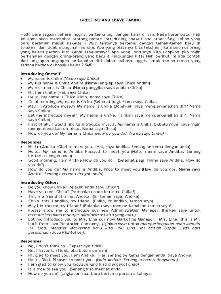 Greeting and Leave Taking | PDF | Seni & Disiplin Bahasa | Pengembangan Diri