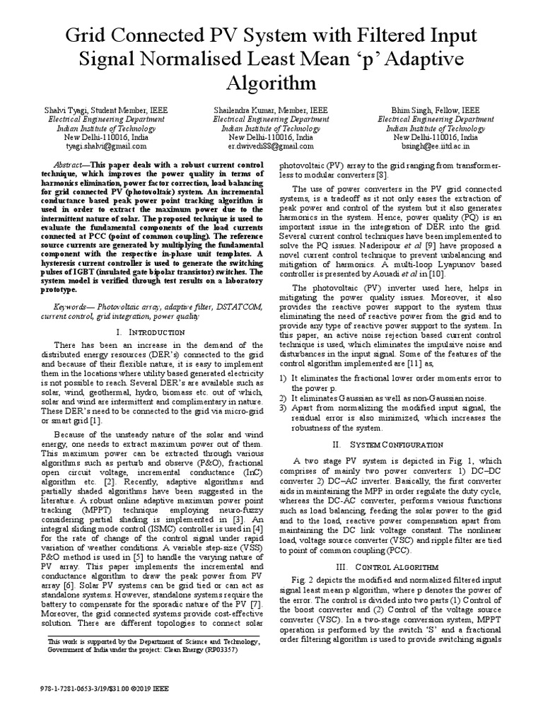 Grid Connected PV System With Filtered Input Signal Normalised Least ...