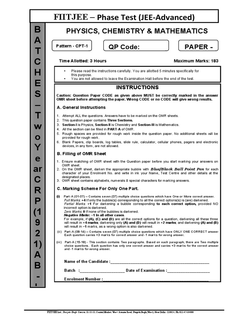 FIITJEE Phase Test (JEE-Advanced) Math Section | PDF | Derivative ...