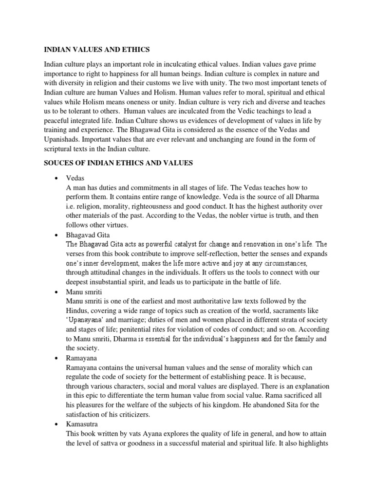 Indian Values and Ethics | PDF | Bhagavad Gita | Vedas