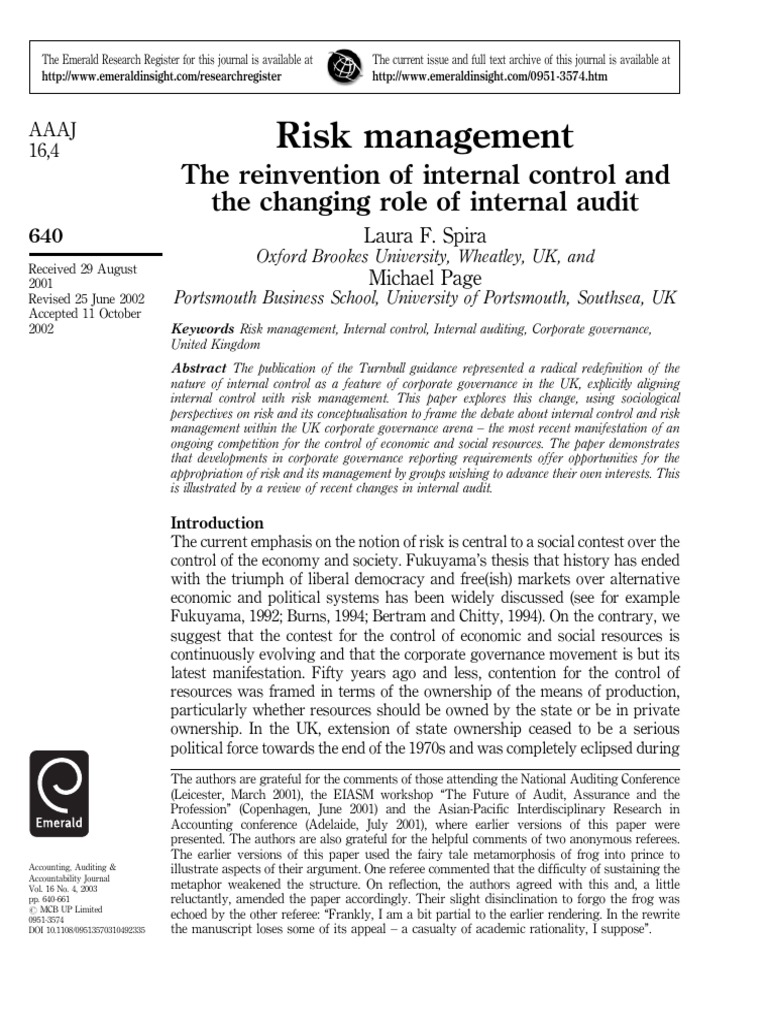 Risk Management: The Reinvention of Internal Control and The Changing ...