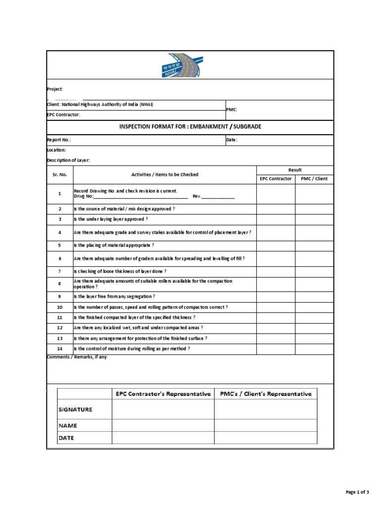 Subgrade Inspection Checklist for Embankments | PDF