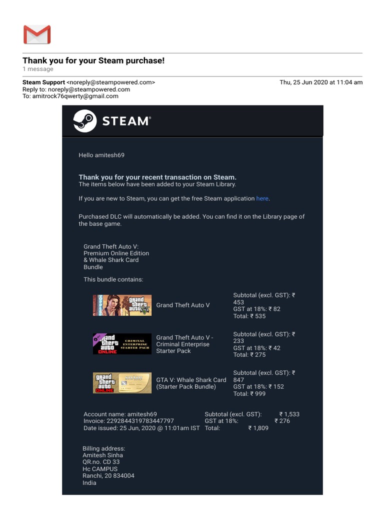 Gmail - Thank You For Your Steam Purchase! PDF | PDF | Business