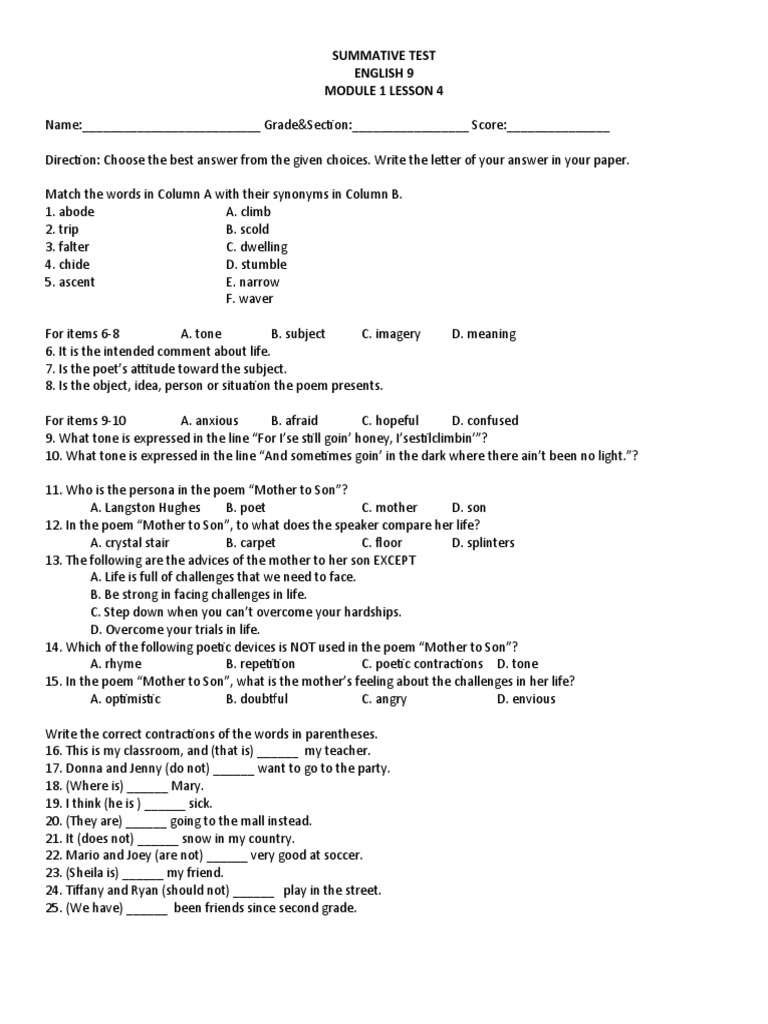 Summative Test English 9 Module 1 Lesson 4 | PDF | Poetry