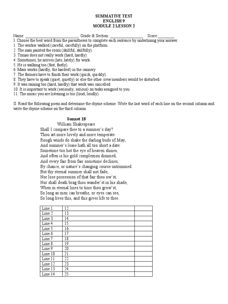 Sonnet 18: Summative Test English 9 Module 2 Lesson 2 | PDF | Literary ...