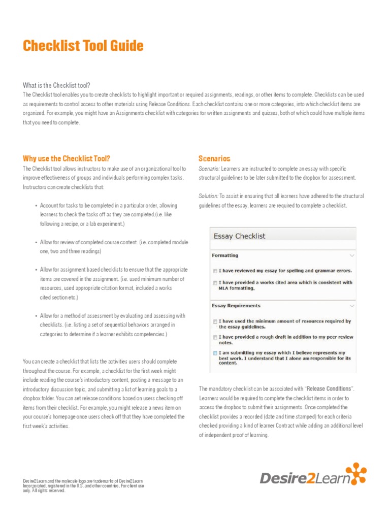 Checklist Tool Guide | PDF | Essays | Learning