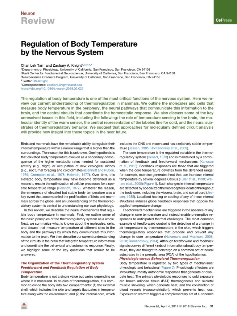 Regulation of Body Temperature by The Nervous System PDF | PDF ...