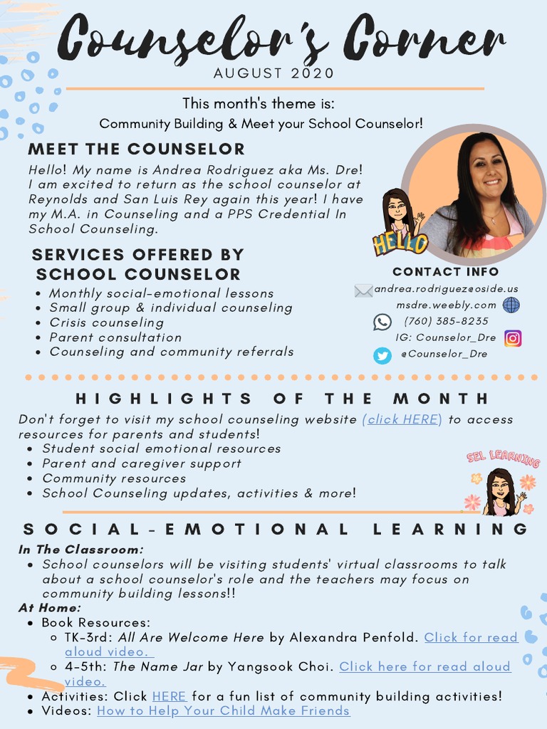 Counselors Corner Newsletter - August 2020 | PDF | School Counselor ...