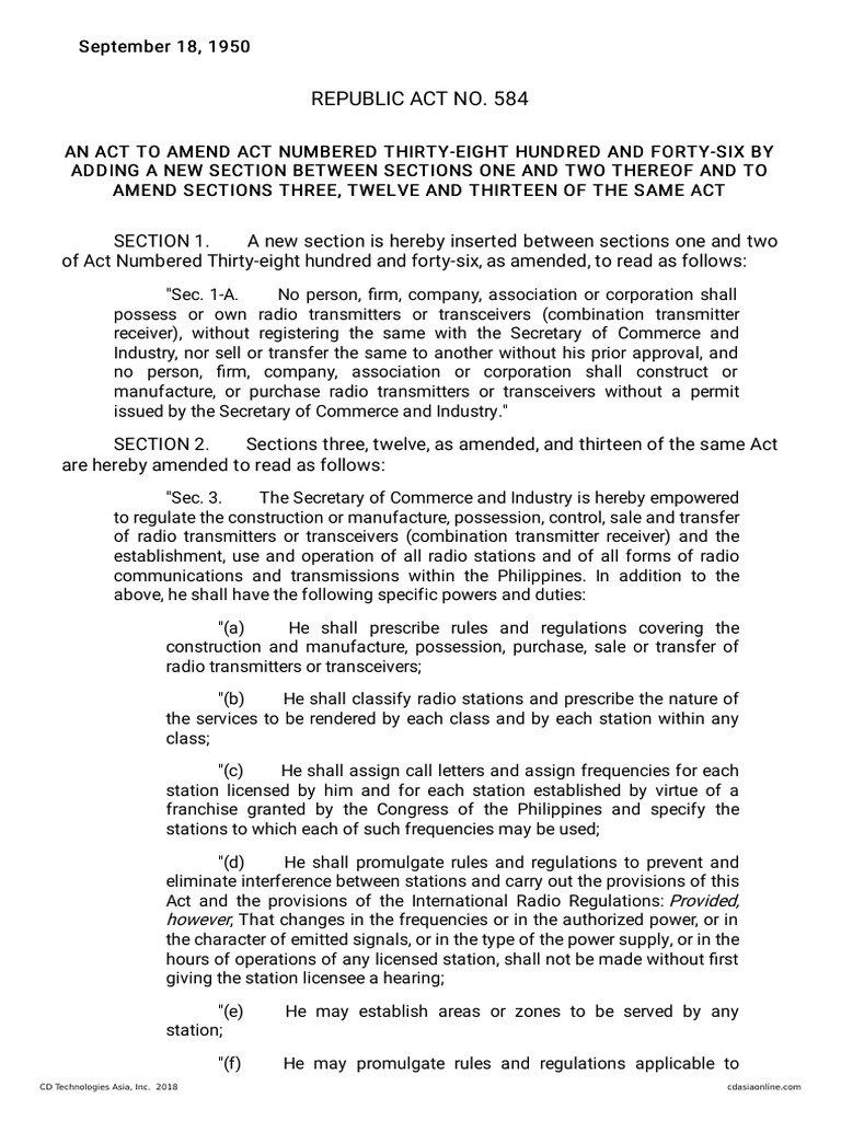 RA 584 (Inserting Section 1-A and Amending Section 3, 12, & 13 in Act ...