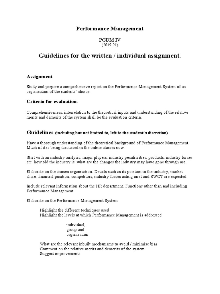 Guidelines For The Written / Individual Assignment.: Performance ...