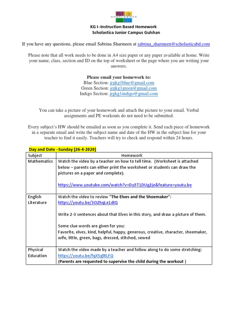 KG I Instruction Based Homework JRG - 26th April 2020 | PDF | Worksheet ...