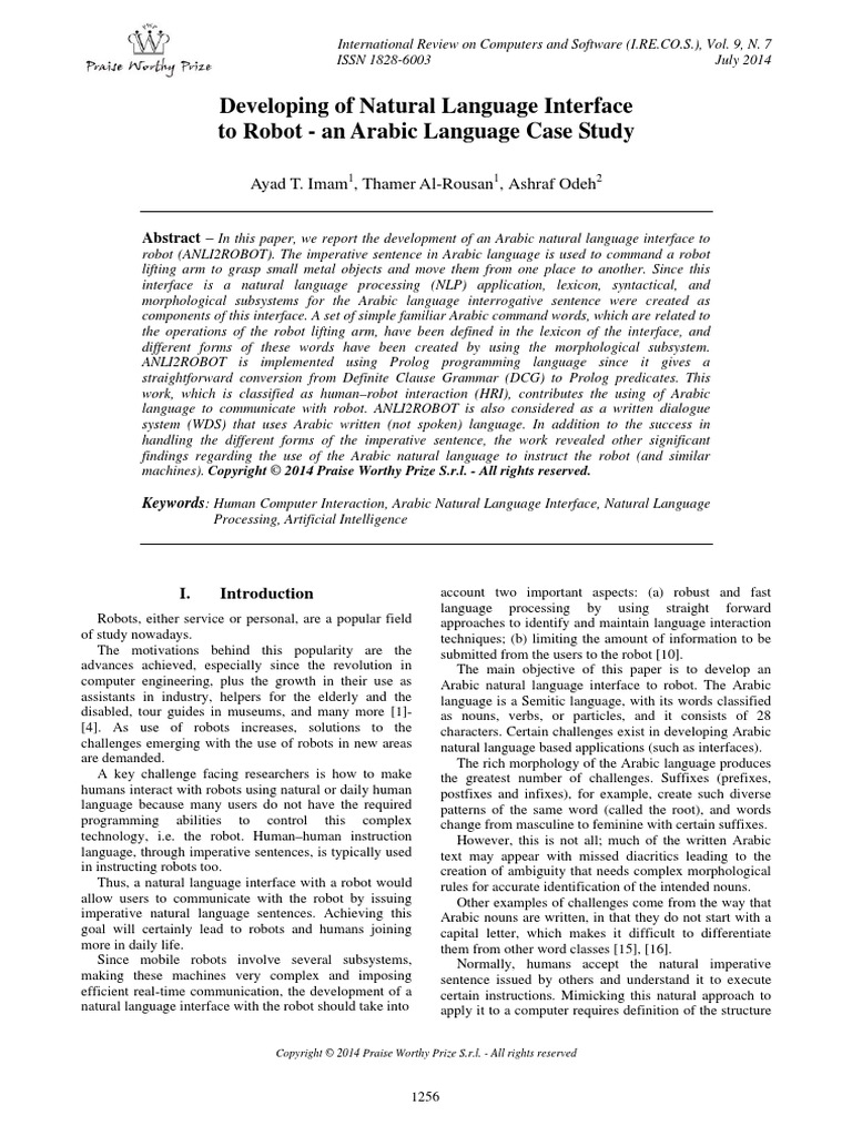 Developing of Natural Language Interface To Robot - An Arabic Language ...