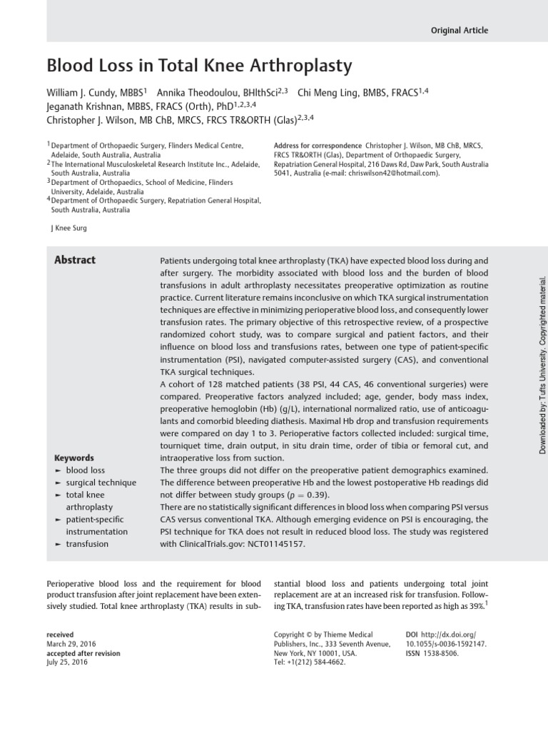 (PSI Vs Conv - Sem Diferença) Blood Loss in Total Knee Arthroplasty PDF ...