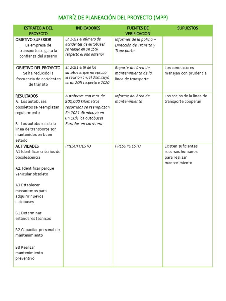 MATRÍZ DE PLANEACIÓN DEL PROYECTO - Método ZOPP, Auxiliatura | PDF