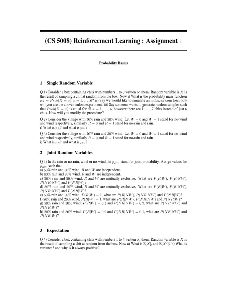 (CS 5008) Reinforcement Learning: Assignment 1: 1 Single Random Variable | PDF